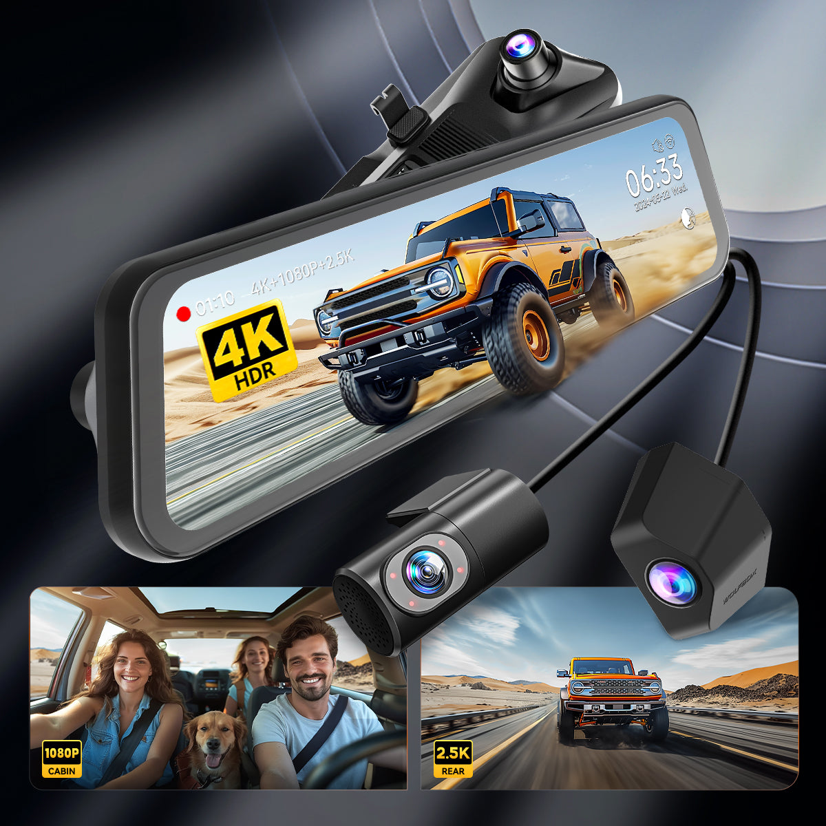 G900 TriPro 4K+2.5K+1080P 3 Channel Cabin Monitor Mirror Dash Camera w