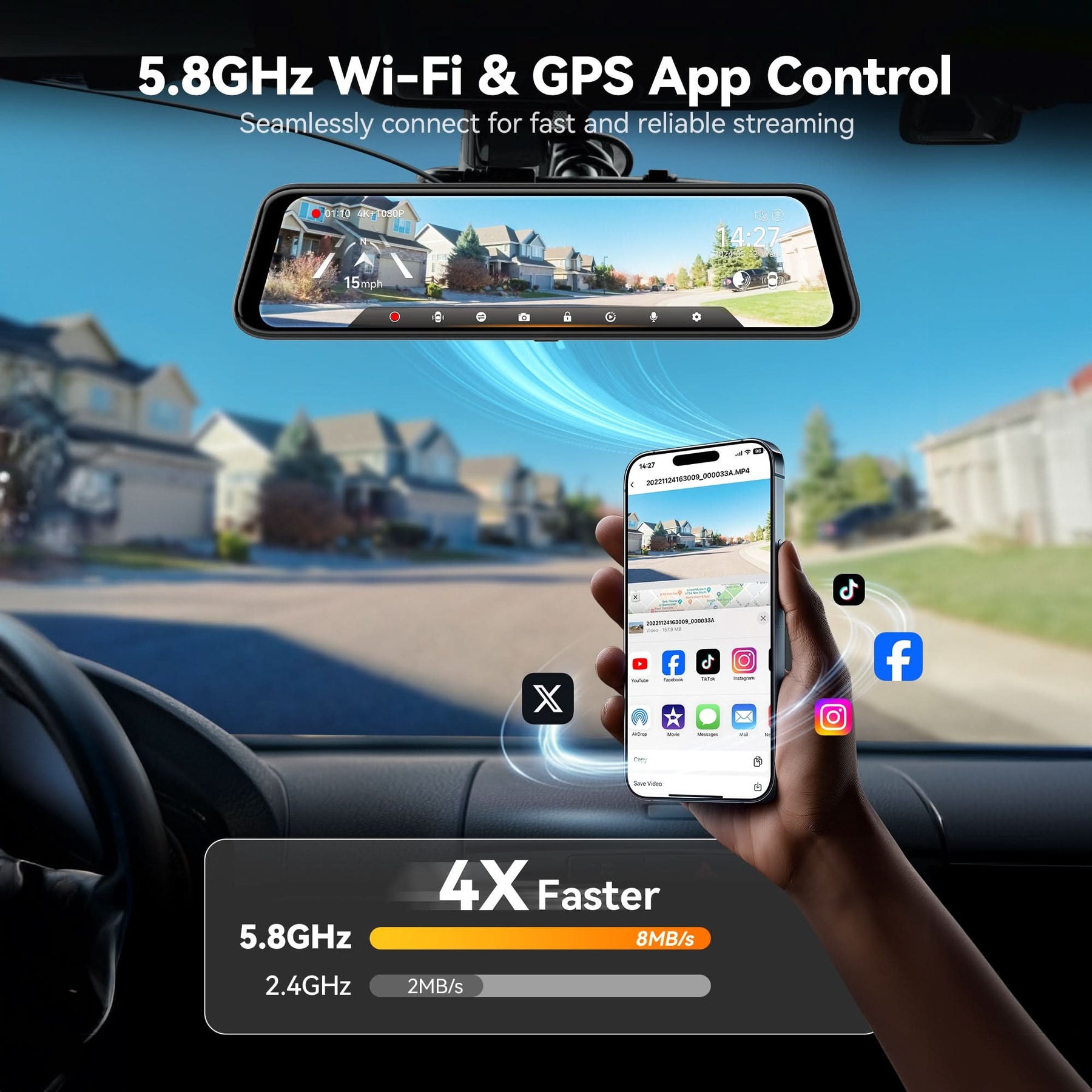 WOLFBOX G850Pro 4K Wifi ADAS Front and Rear Mirror Dash Cam