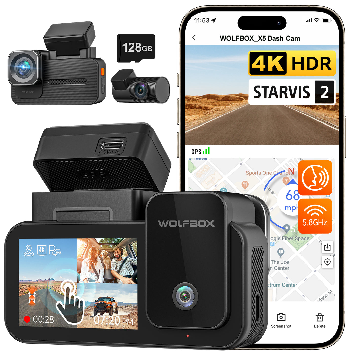 WOLFBOX X5 3 Channel Touchscreen WiFi Mini Dash Camera