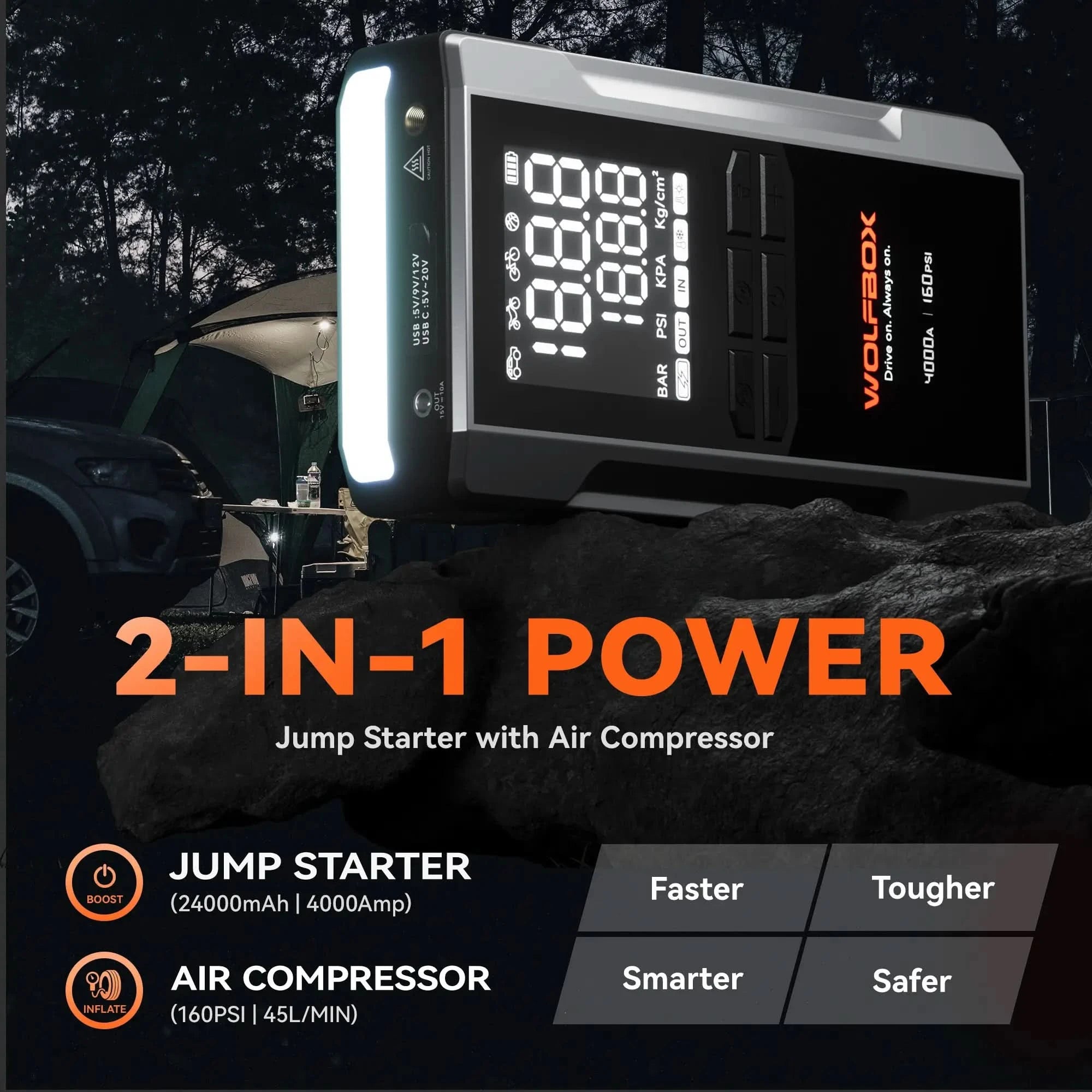Jump Starter with Air Compressor Tire Inflator | Wolfbox MegaVolt 24Ai